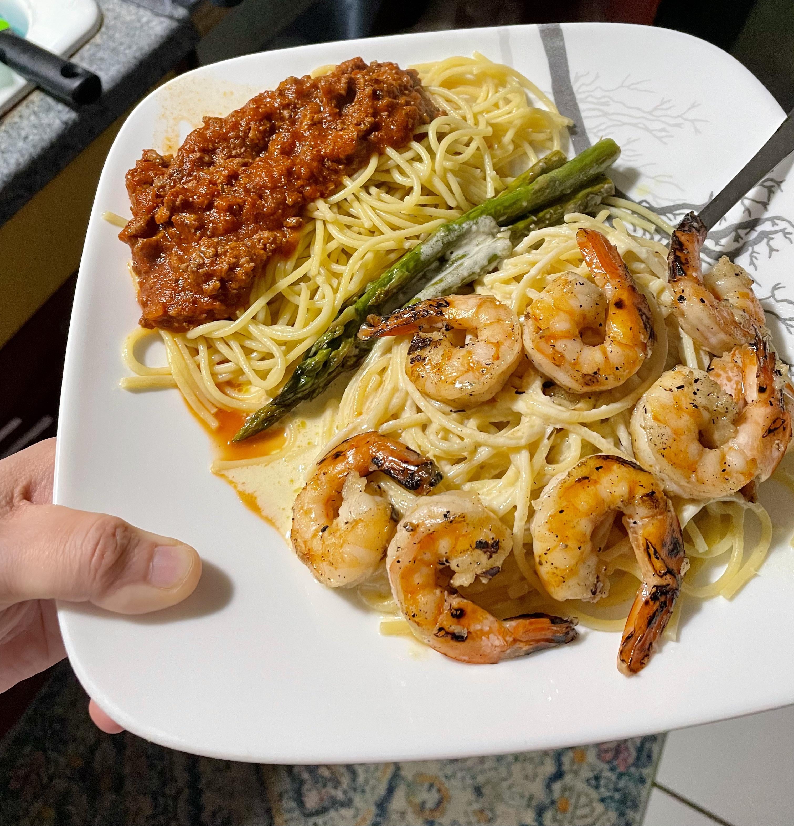 Bolognese and light Alfredo with grilled shrimp - Dining and Cooking