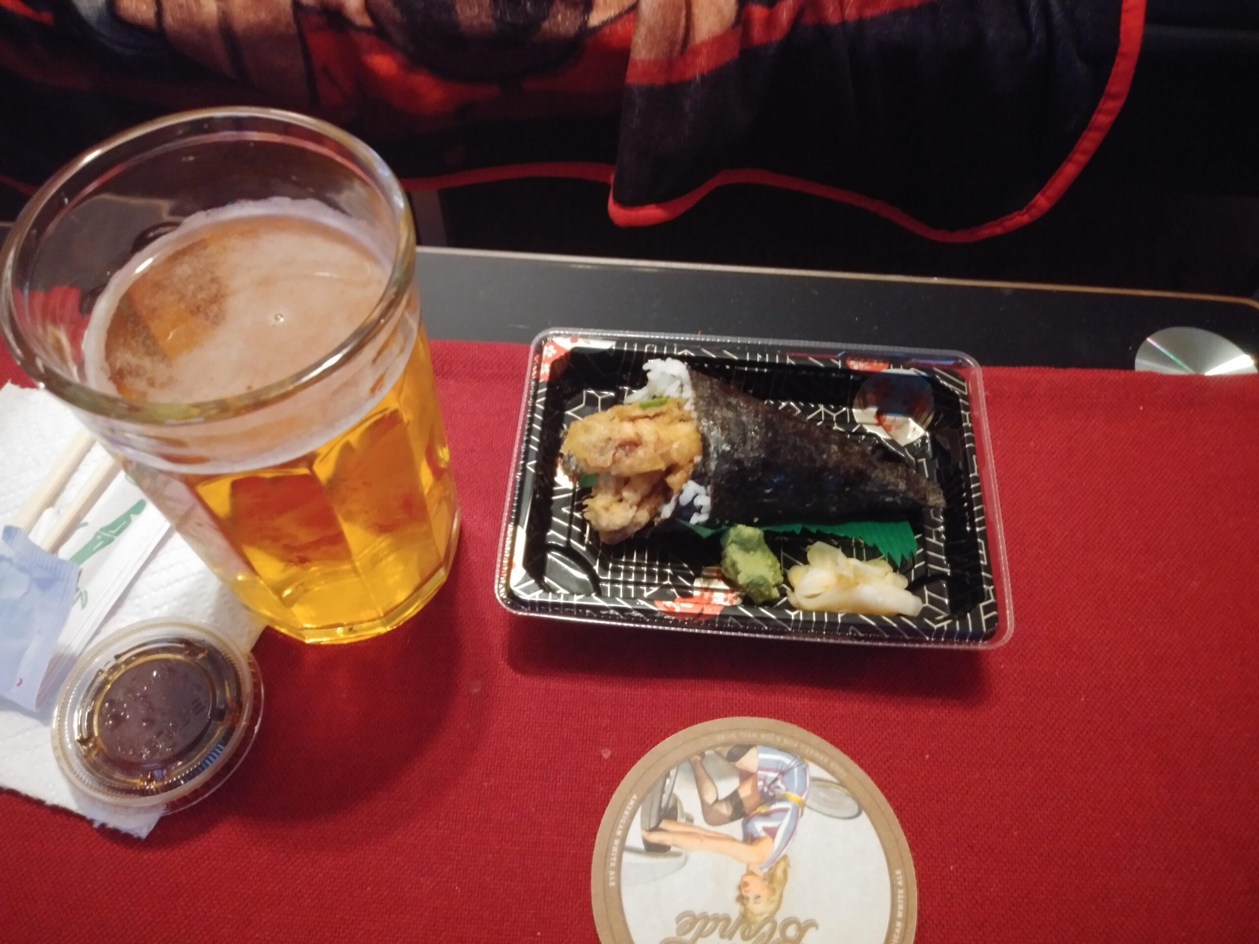 Soft Shell Crab Hand roll Sushi, Eel Sauce and beer - Dining and Cooking