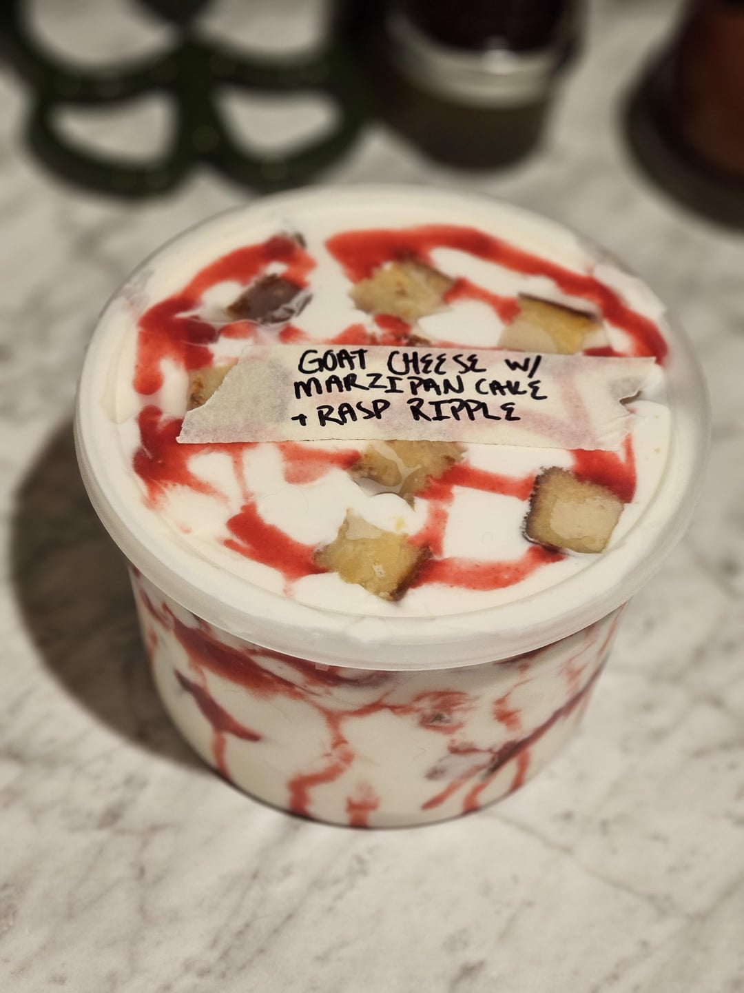 Goat Cheese w/ Marzipan Cake & Rasp Ripple - Dining and Cooking