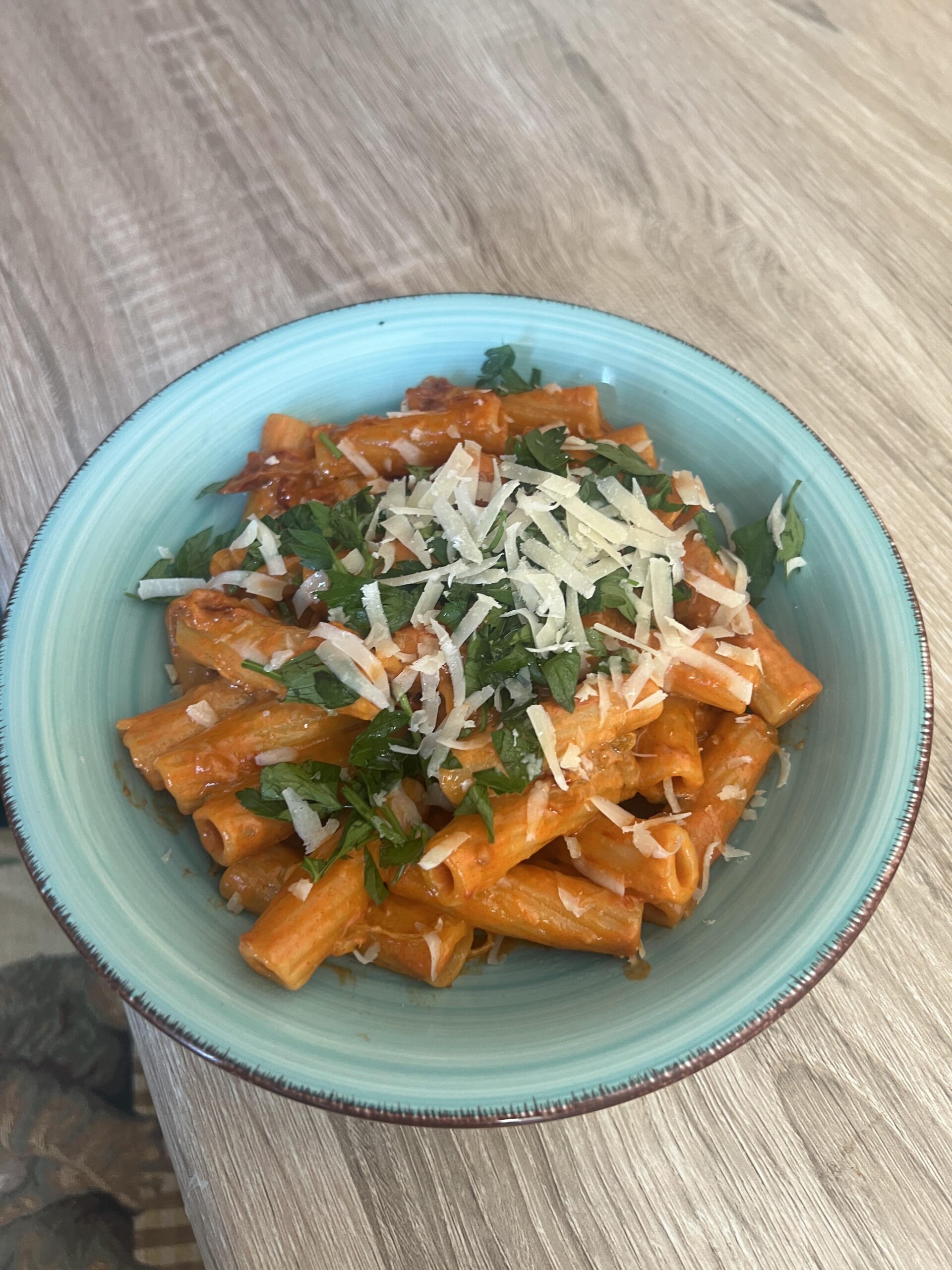 Homemade Spicy Korean Gochujang Pasta with dried tomatoes, served with ...