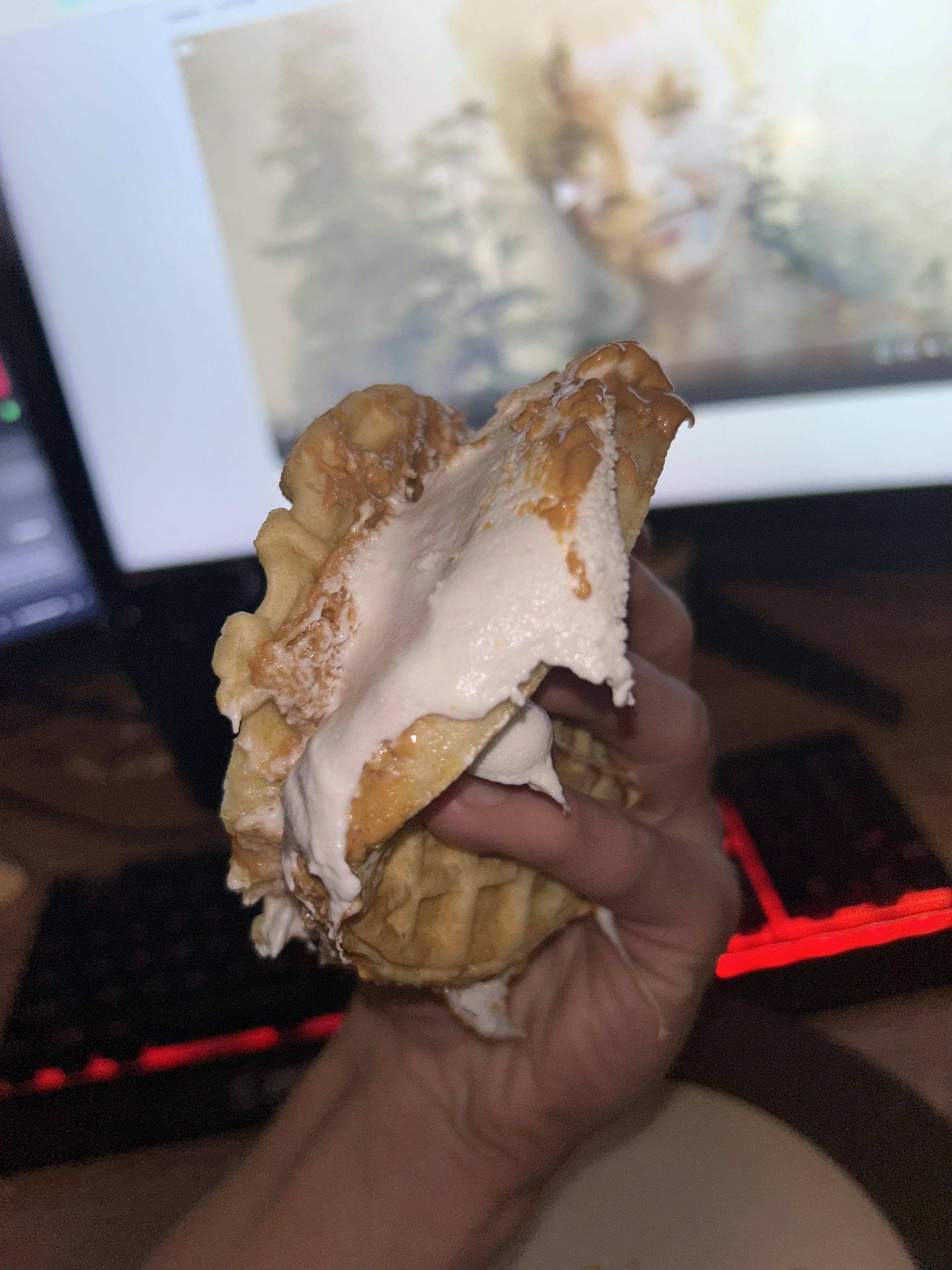 Behold my midnight snack: two waffles with peanut butter and two jumbo ...