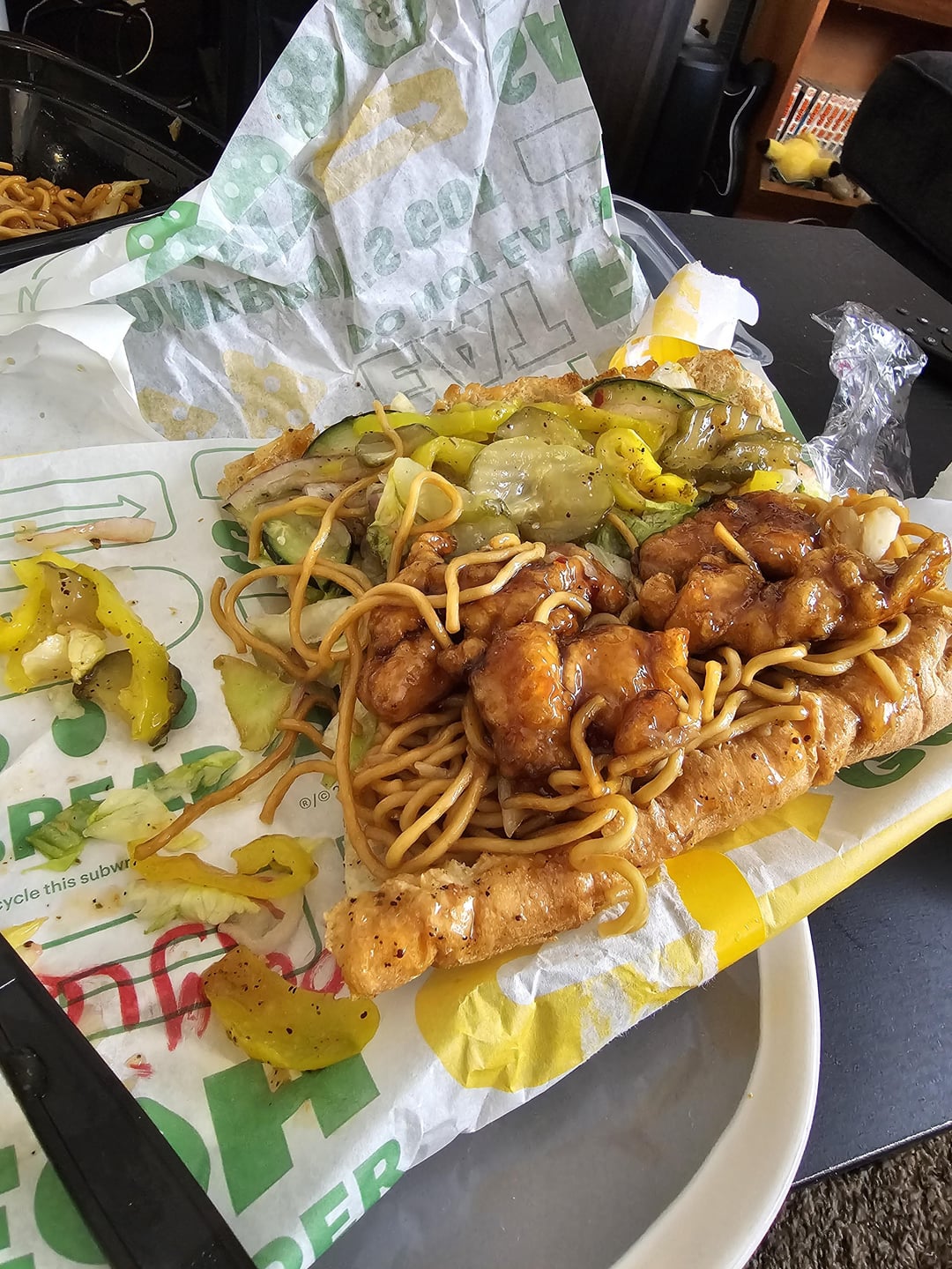 Veggie delight subway with panda Express noodles and orange chicken ...