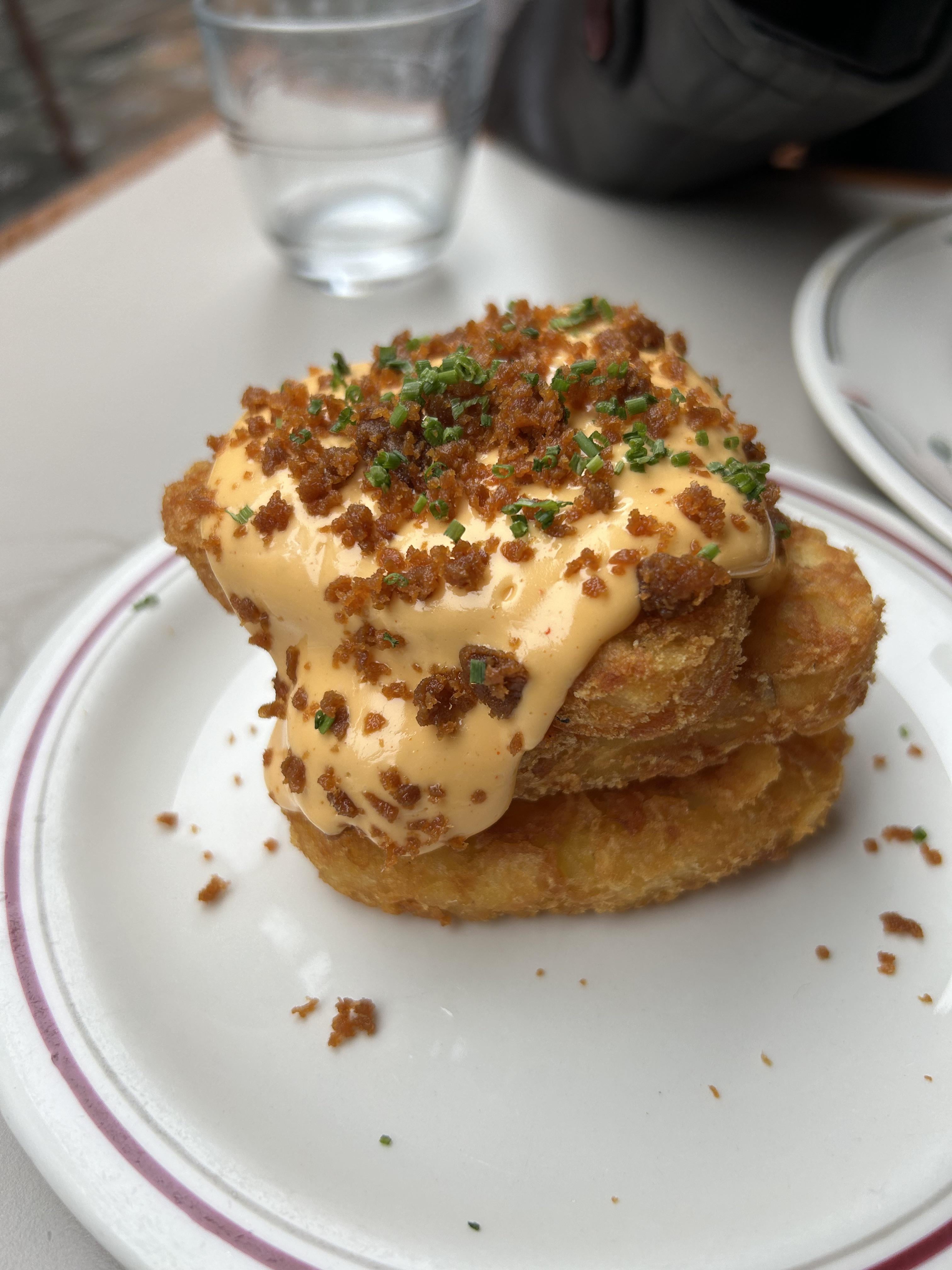 Hashbrown stack with chorizo mayo and crumb - Dining and Cooking