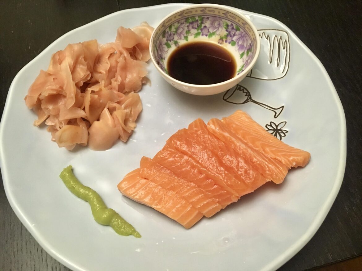Salmon sashimi with ginger, wasabi & soy sauce - Dining and Cooking