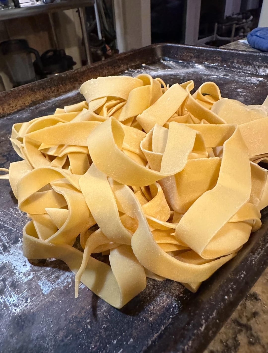 Made wide pasta and spicy Italian sausage with some garlic cream ...