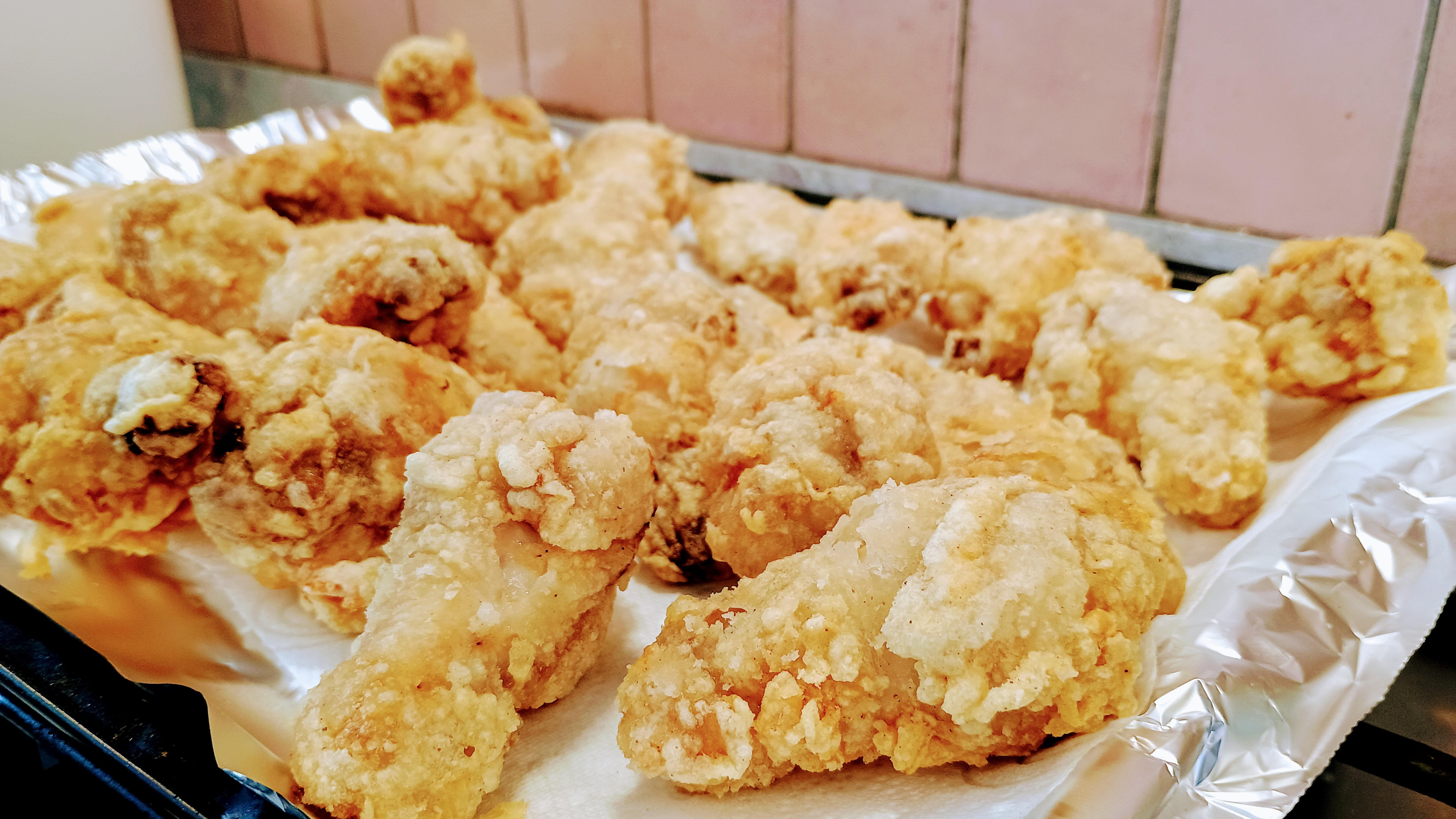 Pre-sauced, awaiting their second fry... Double Cook always best ...