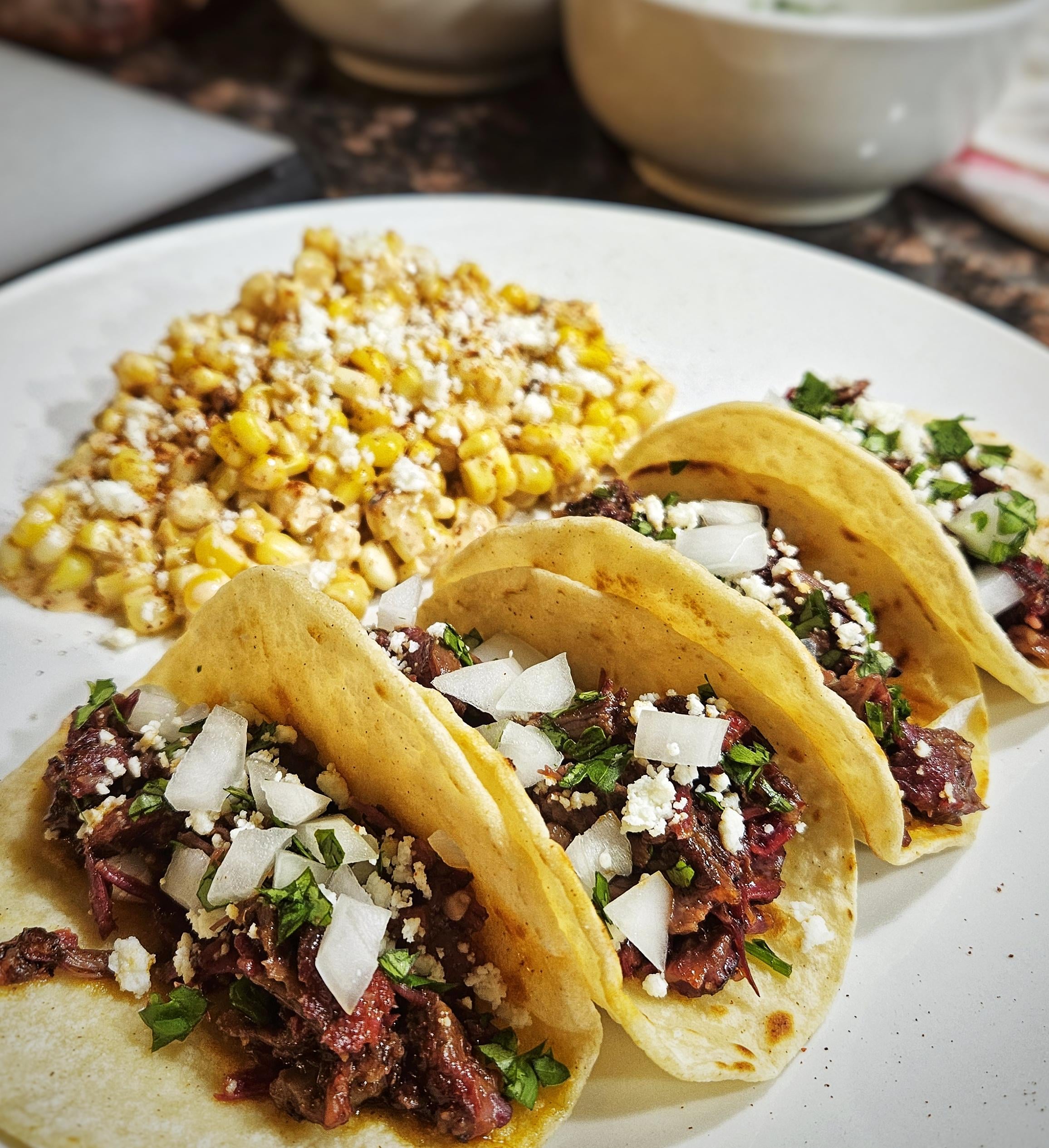 Smoked beef cheek tacos and esquites. - Dining and Cooking