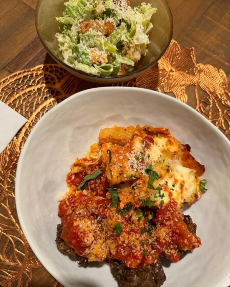 Meatballs, baked ziti, and caesar salad with homemade dressing and ...