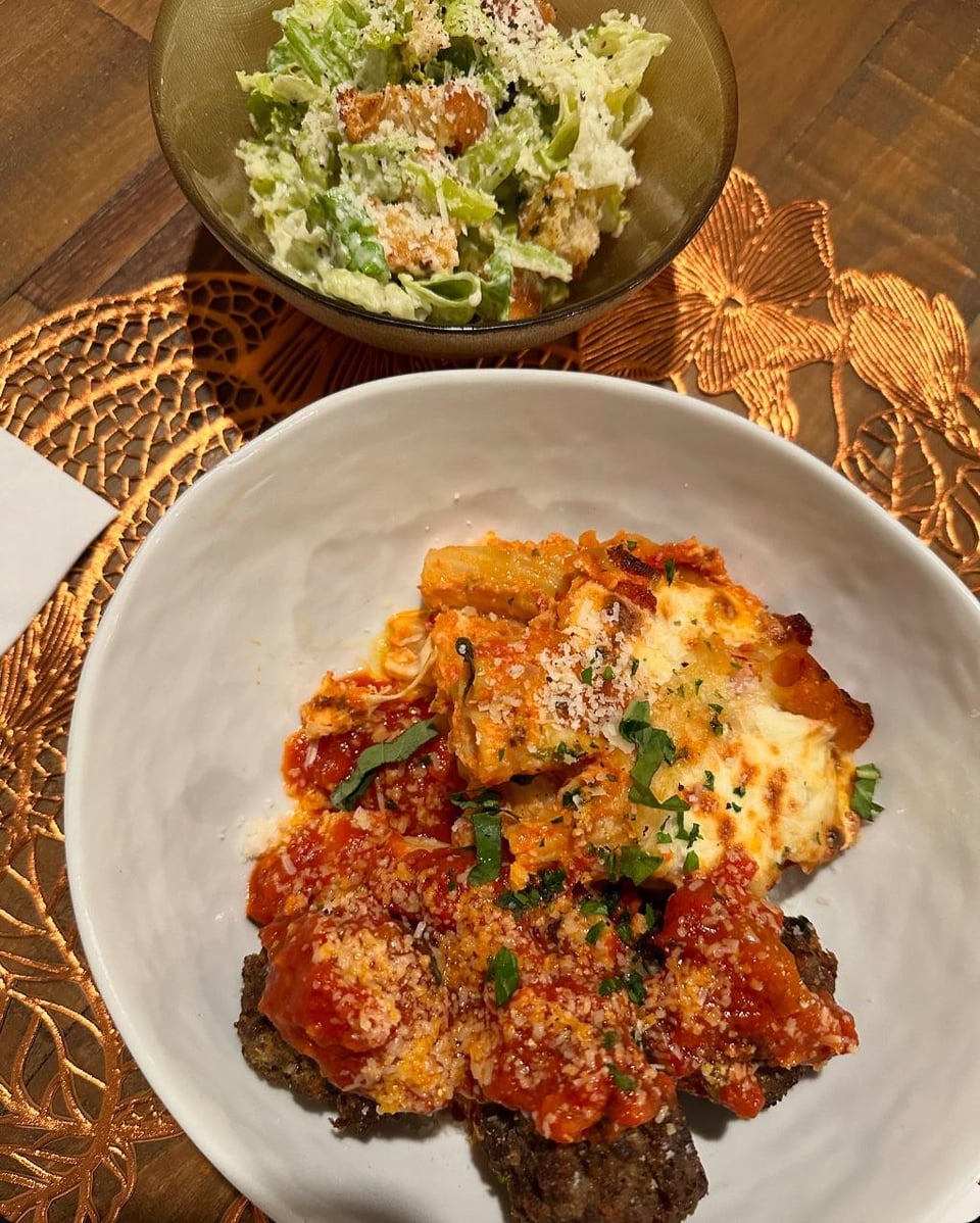 Meatballs, baked ziti, and caesar salad with homemade dressing and ...