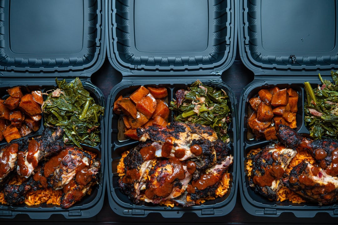 Smoked jerk chicken I made this weekend with jollof rice, candied yams ...