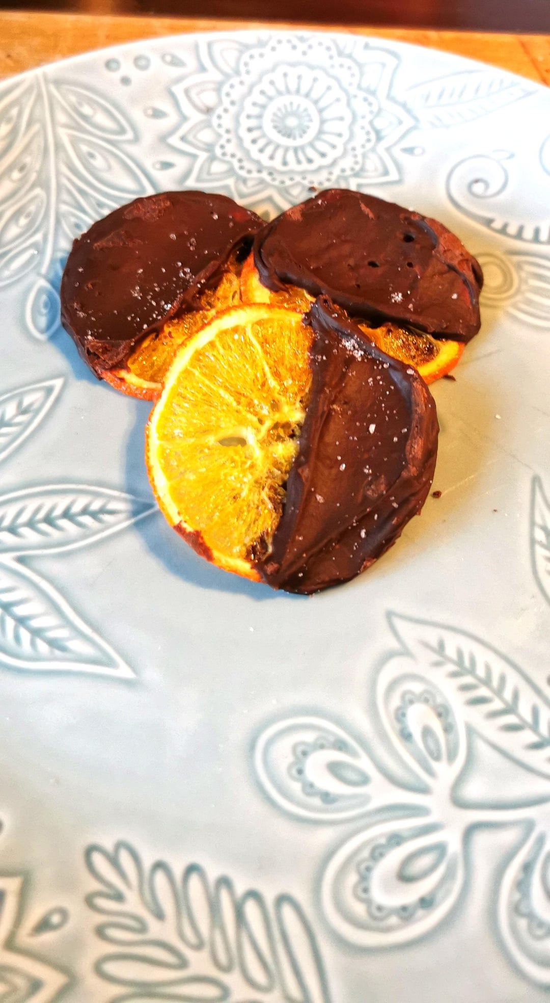 Chocolate ganache dipped orange crisps with sea salt - Dining and Cooking