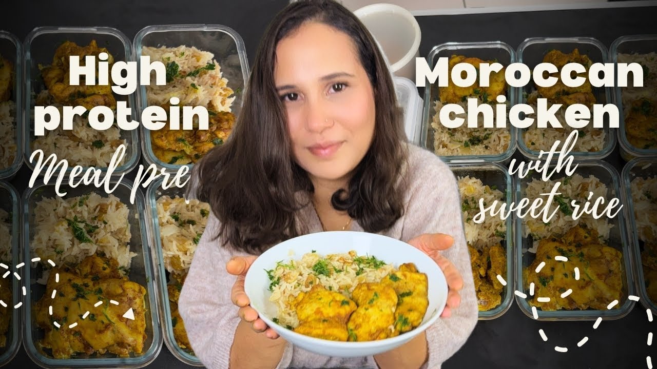 High protein Moroccan chicken meal prep with sweet and savoury rice ...