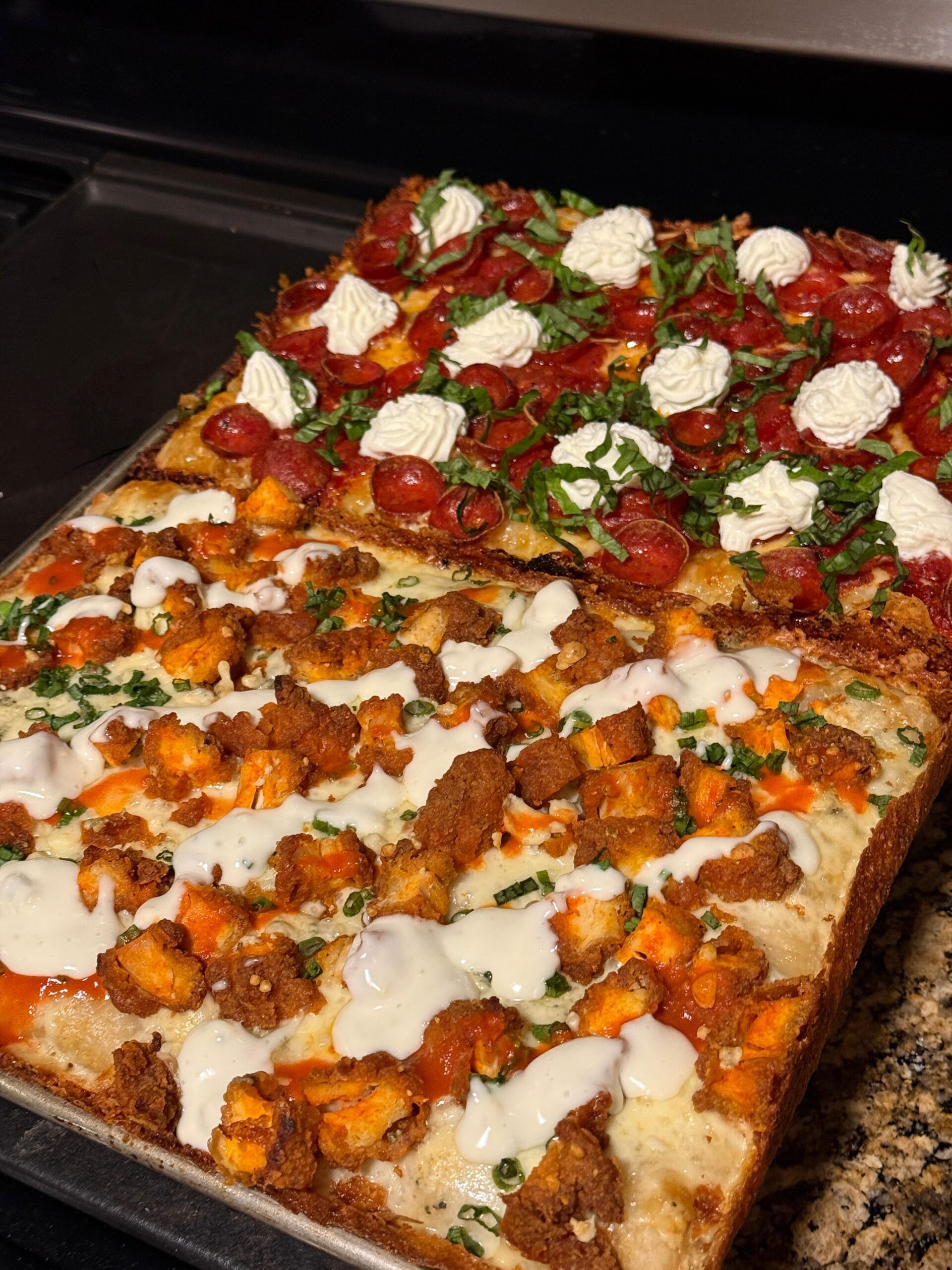 Homemade Buffalo Chicken and Hot Honey Pepperoni Ricotta Detroit Style ...