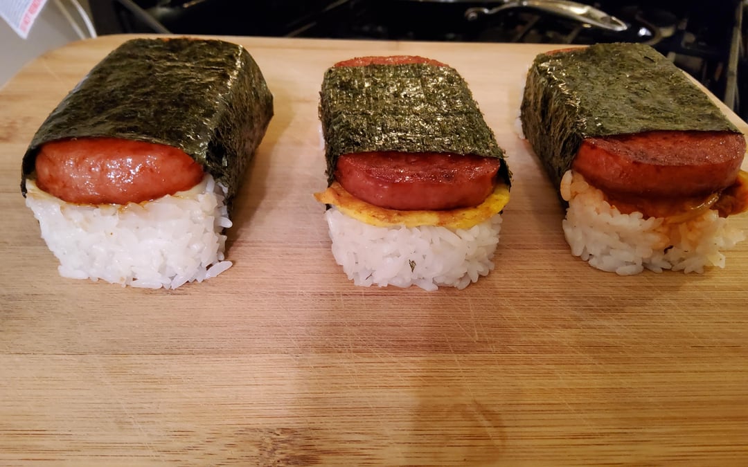 I made Spam Musubi 3 ways. American cheese, egg omelette, and kimchi ...