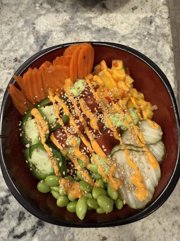 [OC] My first attempt at a tuna poke bowl over rice. - Dining and Cooking