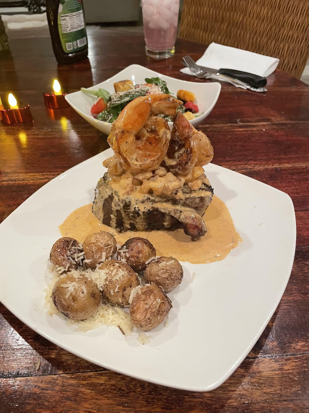 Filet mignon, Cold water Lobster bites, with Jumbo shrimp! Sauce is dry ...