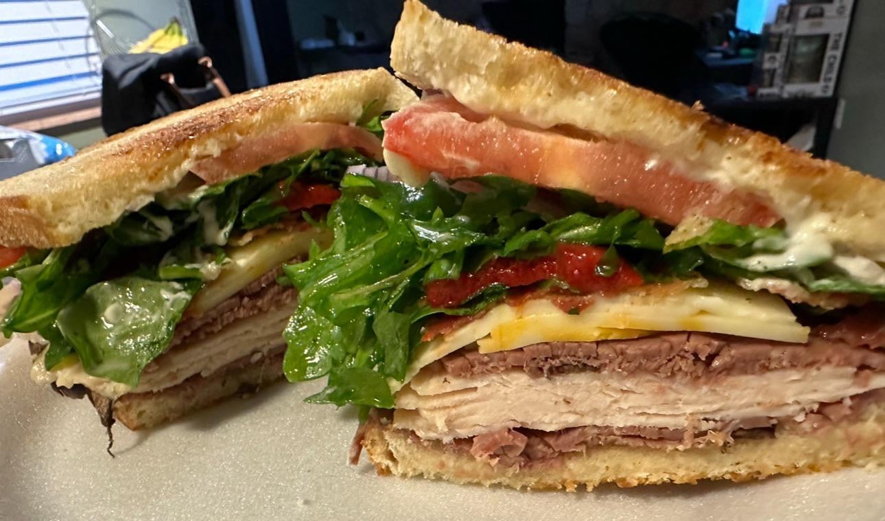 Roast beef, turkey, bacon, Colby jack, arugula tossed in oil and ...