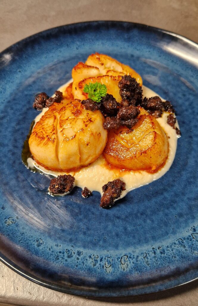 Local Manx King Scallops in Mojó Picón with Black Pudding & Cauliflower ...