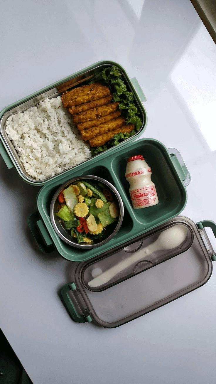 fried tempe, sauteed vegetable, rice, yakult - Dining and Cooking