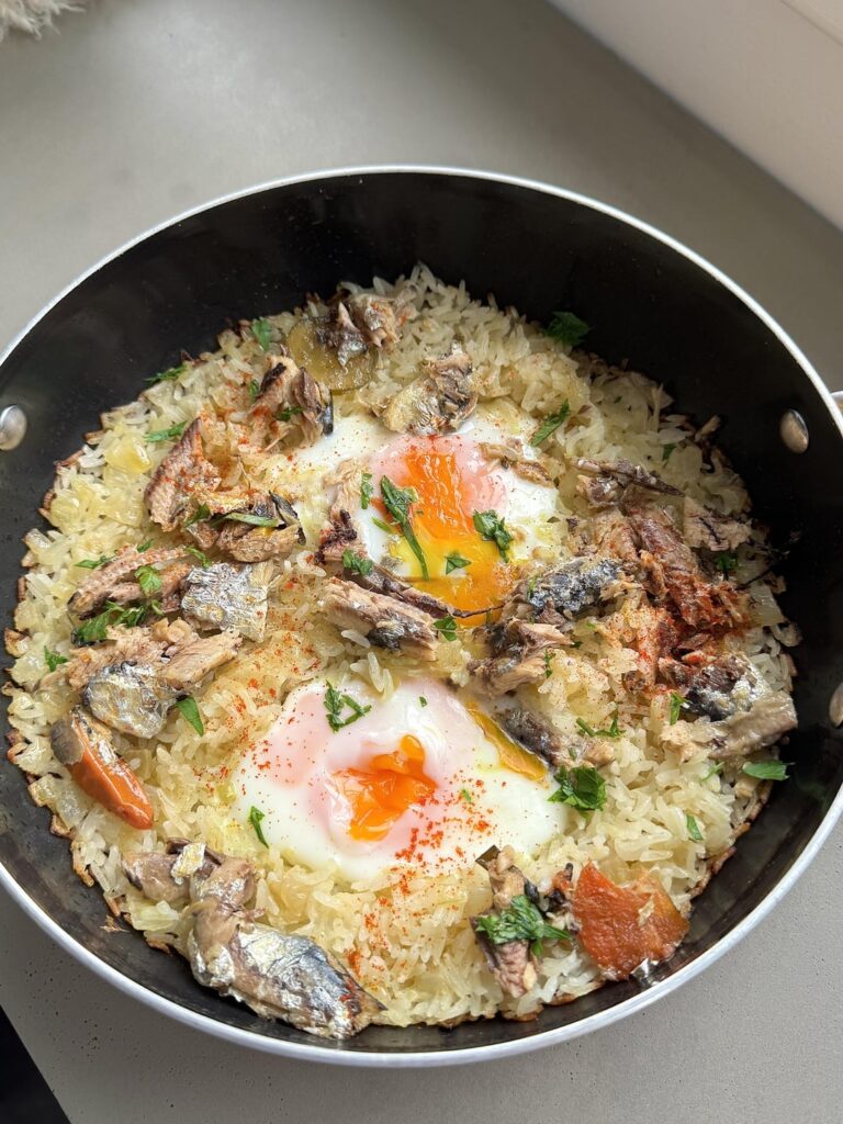 crispy rice with sardines & eggs - Dining and Cooking