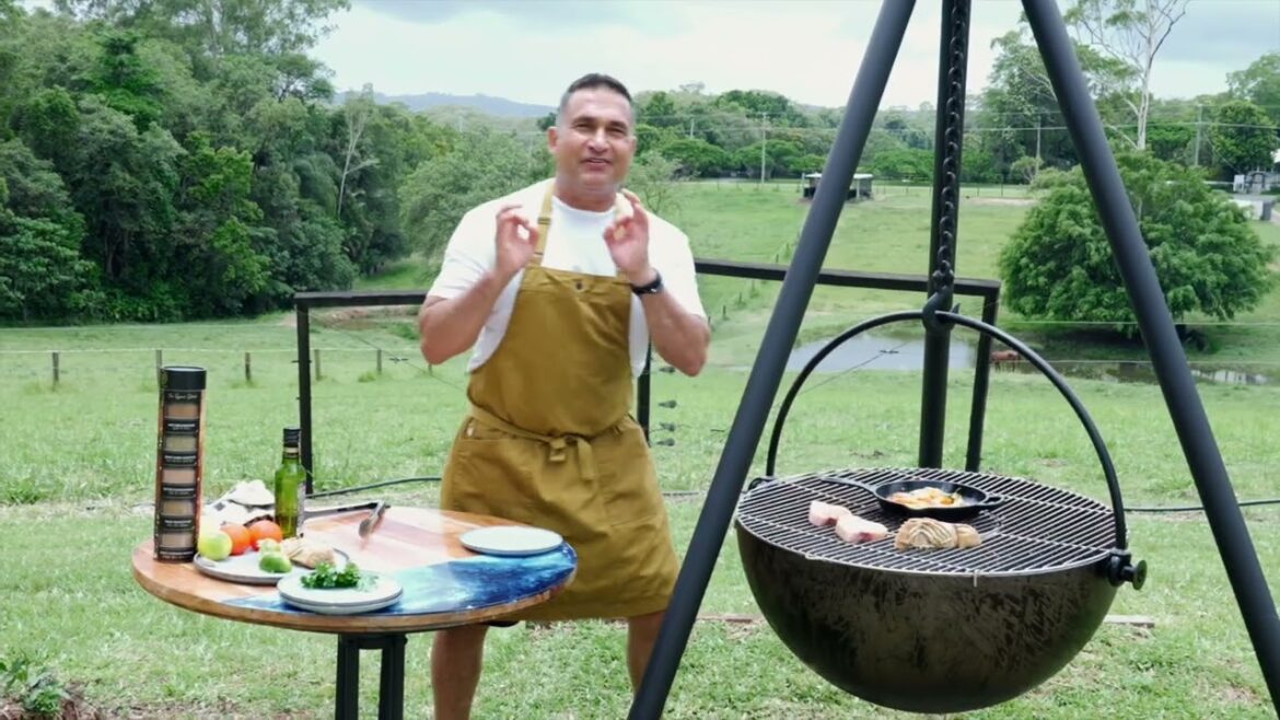 Peter Kuruvita cooking Seafood on a Wild Fire Pit in Palmwoods on the ...