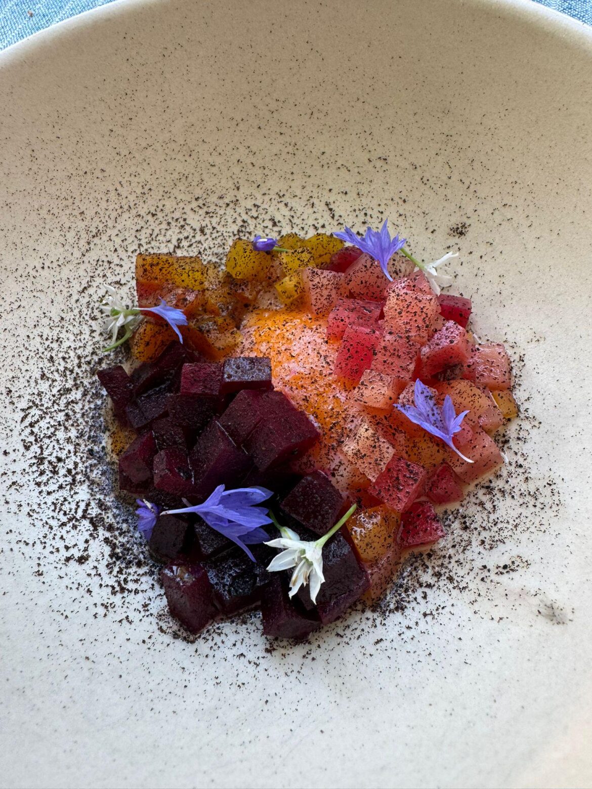 3 types of beet, 63 degrees egg, granny smith gel, black lemon powder - Dining and Cooking