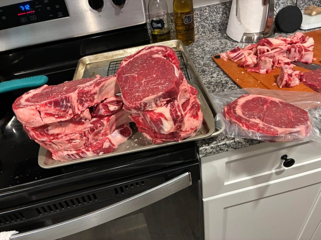 Ribeye roll into eleven 1.5 inch steaks, pound of taco meat and 2 1/2 ...