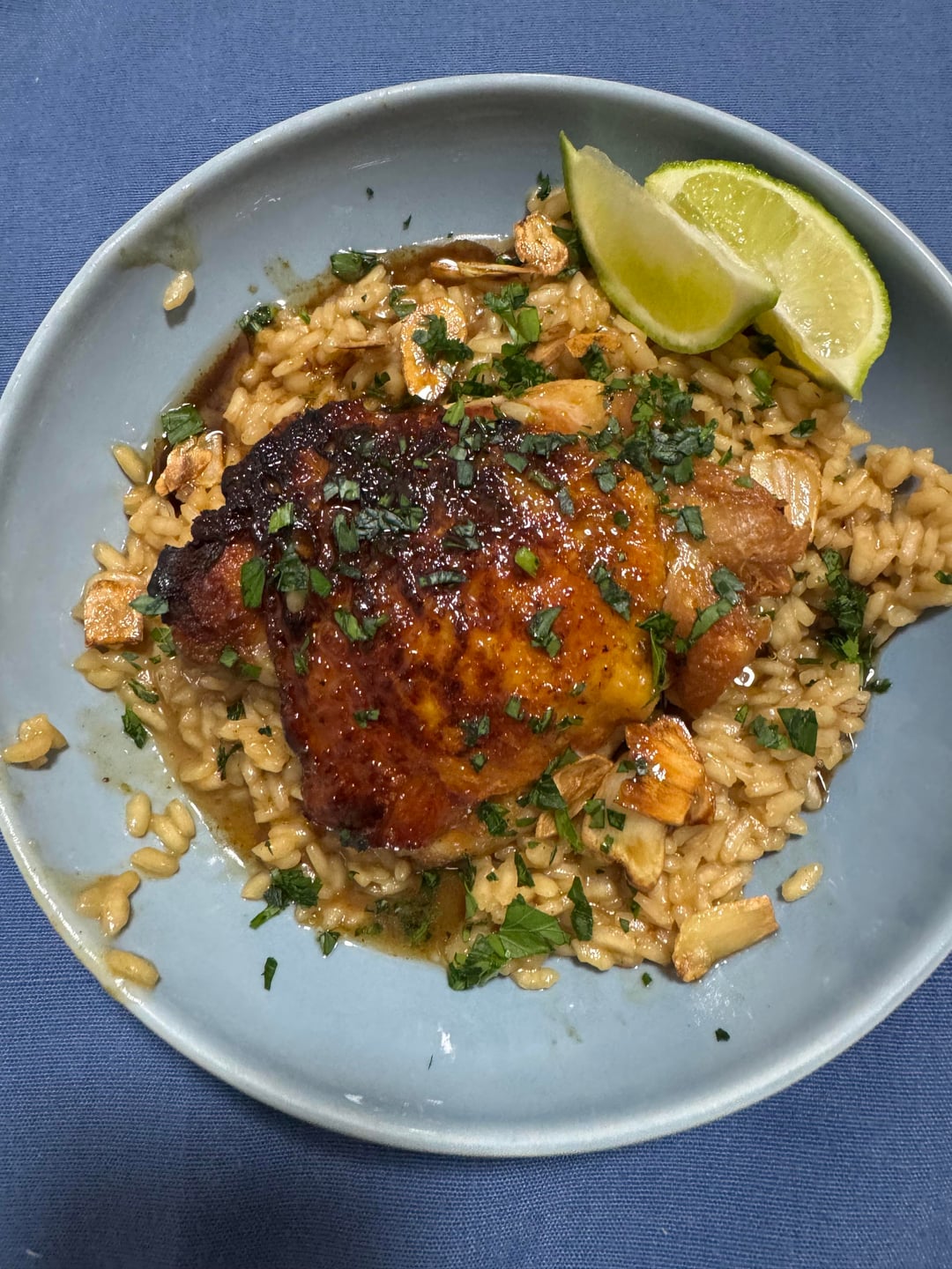 Crispy Lime Butter Chicken Thighs over Maple-Garlic Risotto - Dining ...