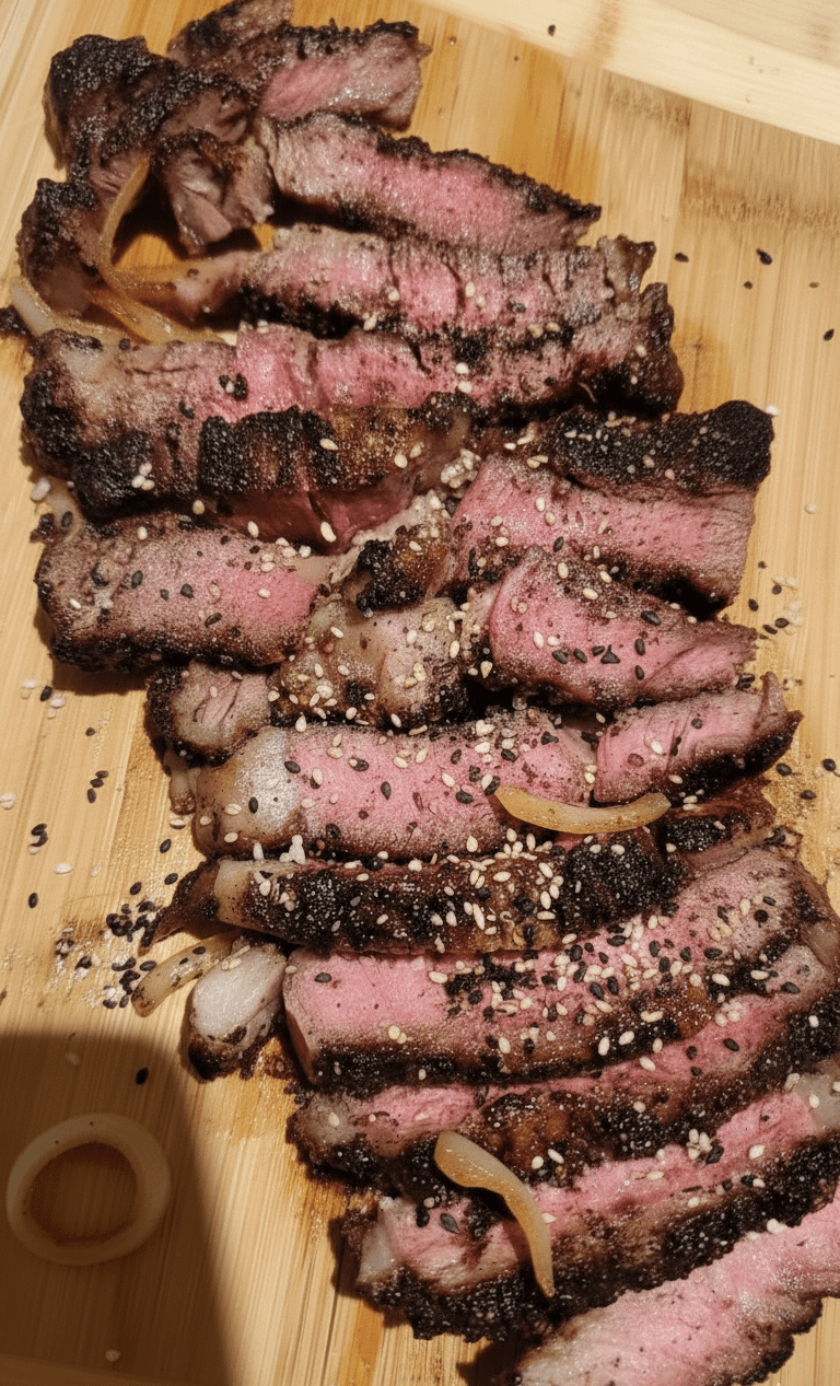 Reverse-seared ribeye + roasted sesame seed and caramelized onions ...