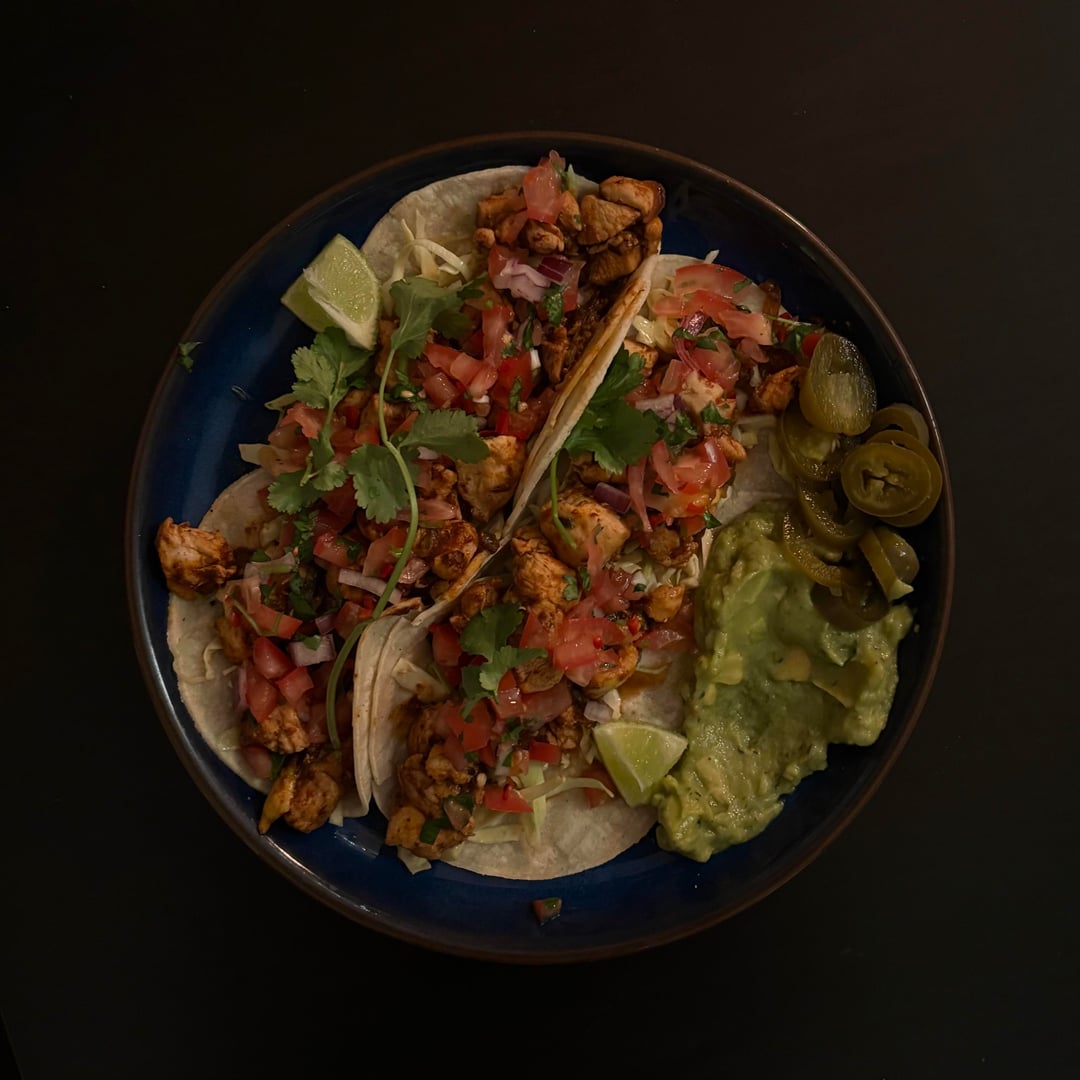 Chipotle Chicken Tacos, Peri Peri Slaw, Pico & Guac and a padrón pepper ...