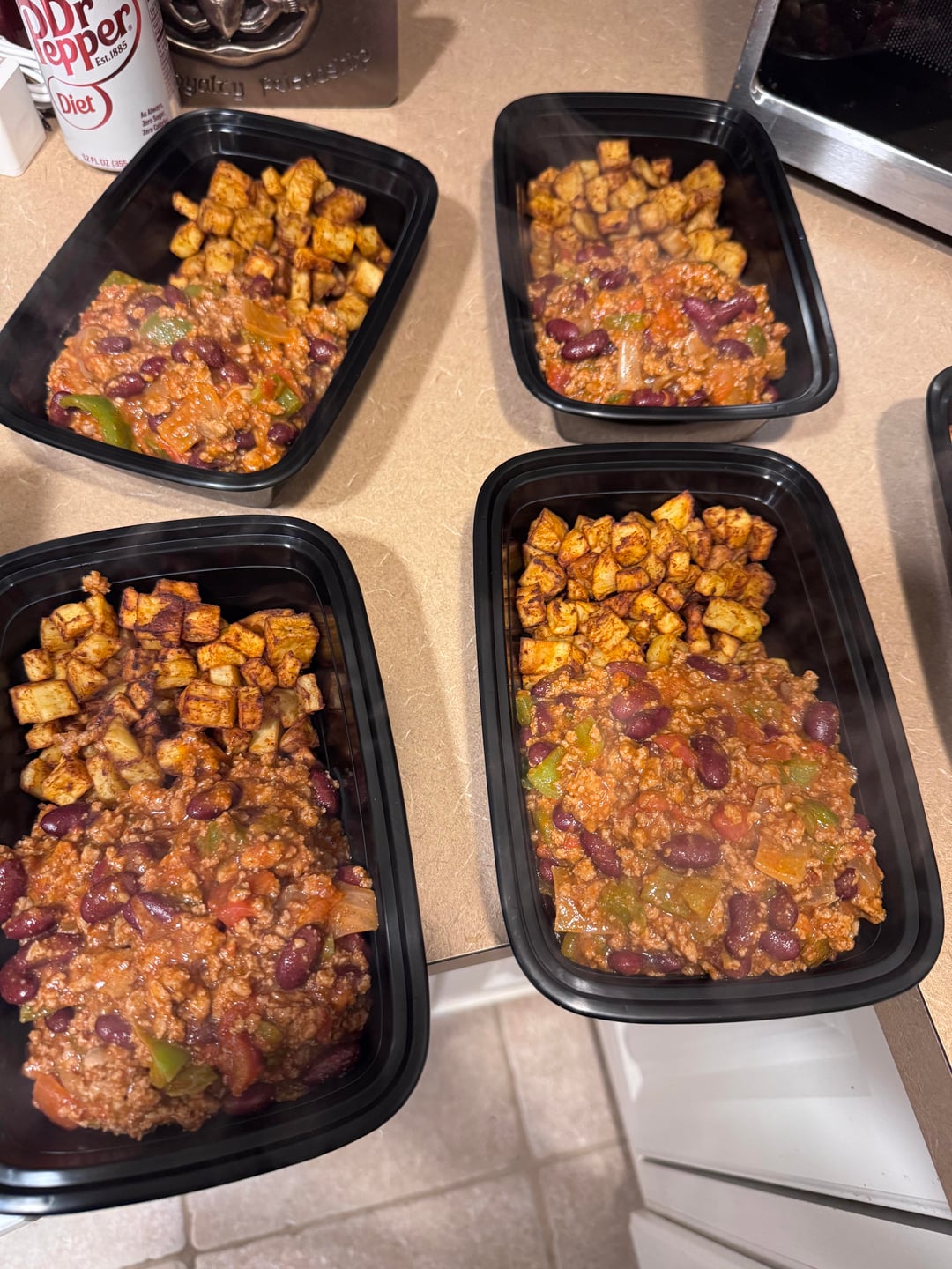Turkey chili and lean taco ground beef and steamed veggies both with ...