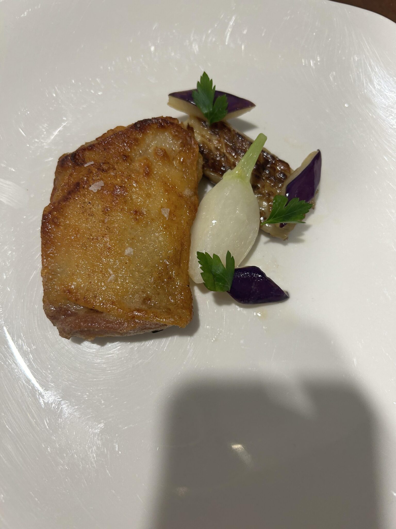 “Dry Aged” Bhicken, roasted Japanese eggplant, and glazed turnip ...