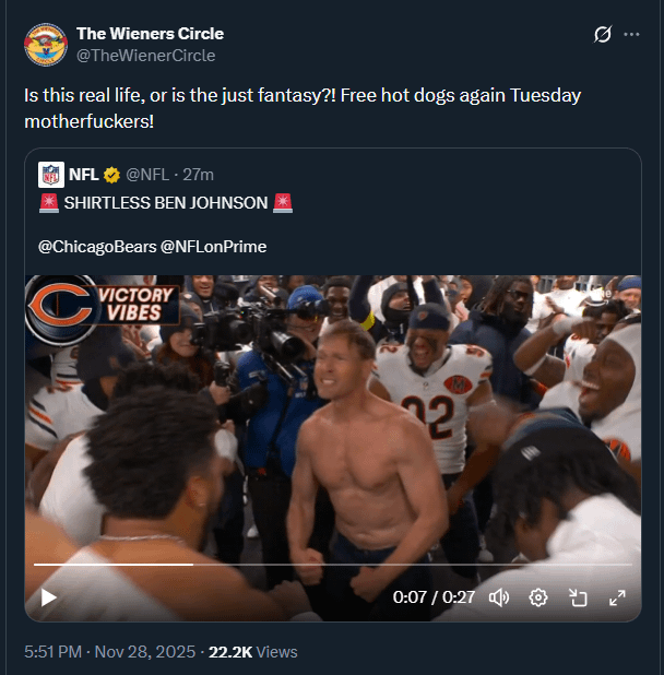 Bears win and Ben Johnson takes off his shirt, free hotdogs again at ...