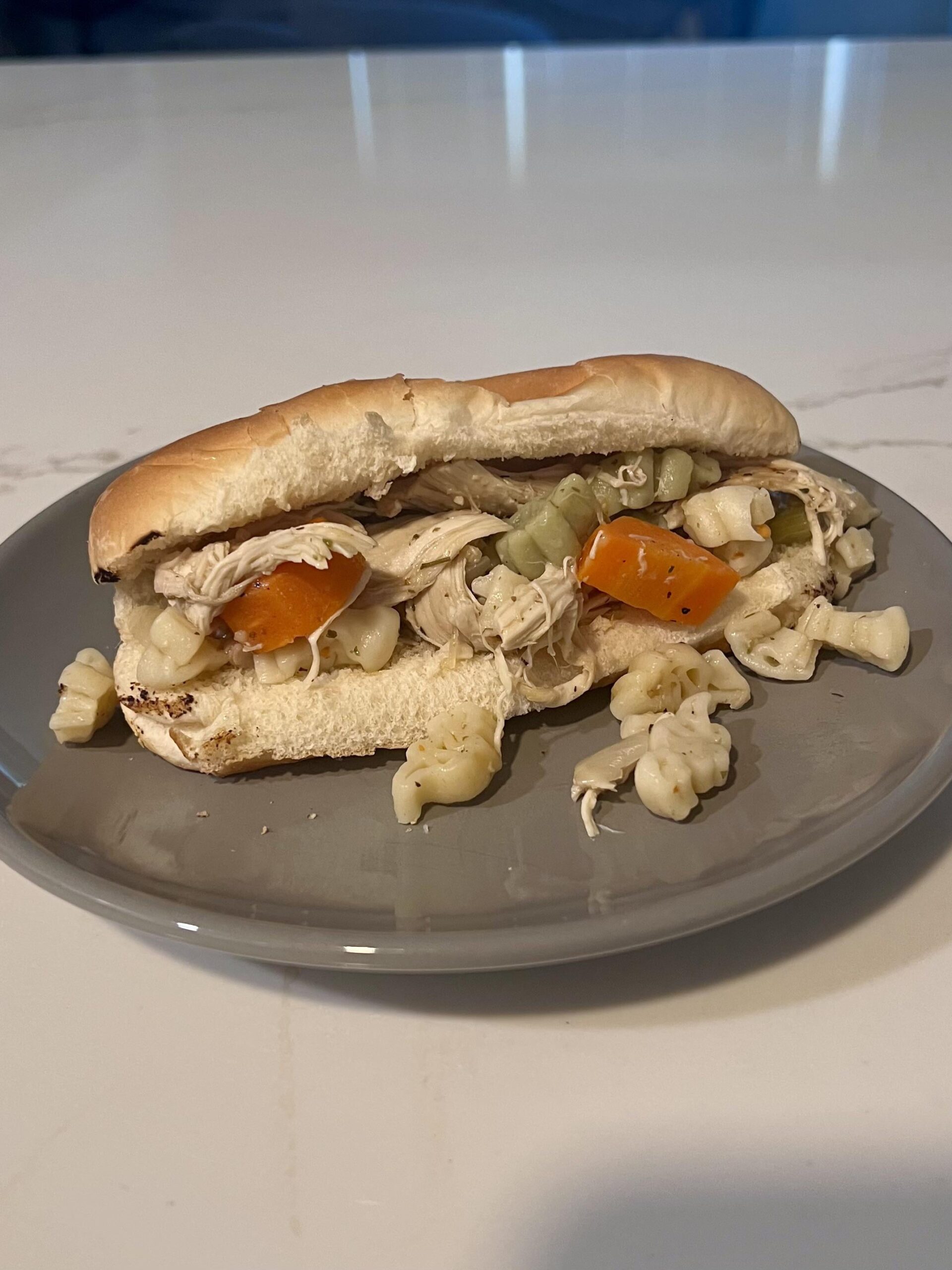 Chicken Noodle Loaf Sandwich on a Hotdog Bun - Dining and Cooking