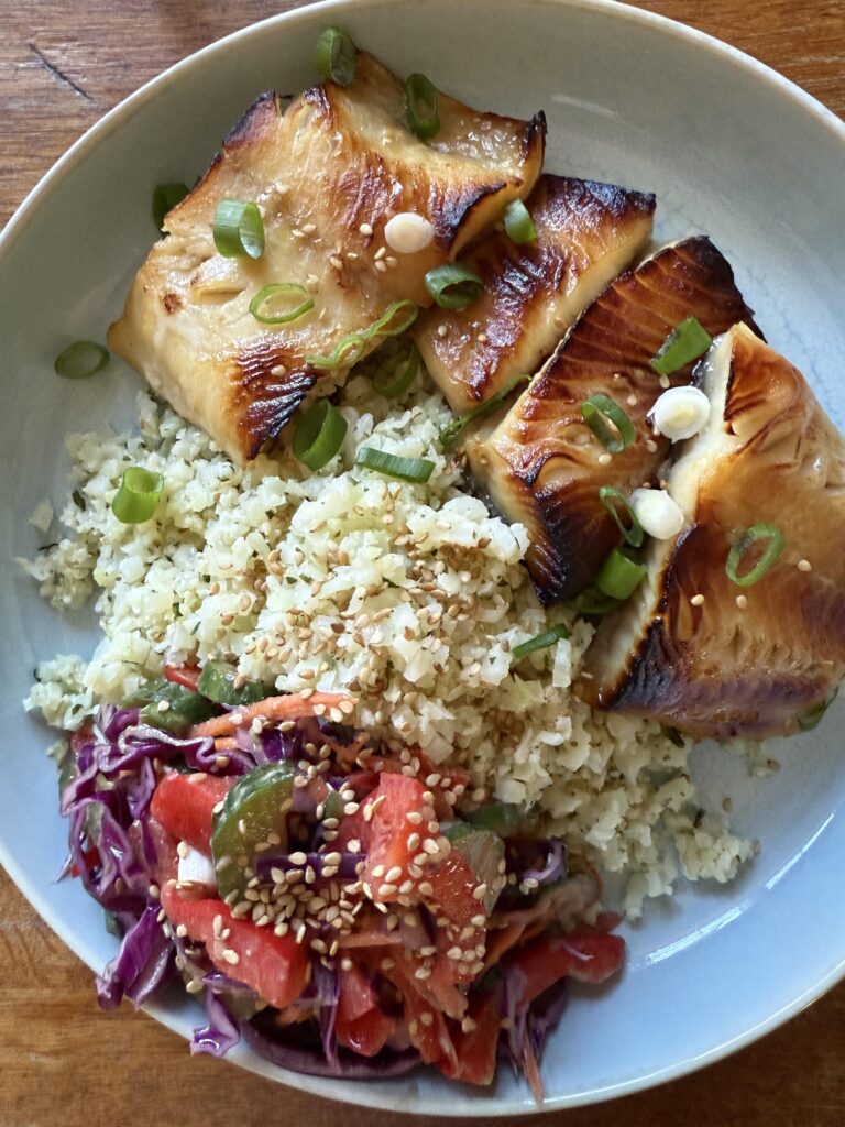 Miso black cod with cauliflower rice and Asian cabbage salad - Dining ...