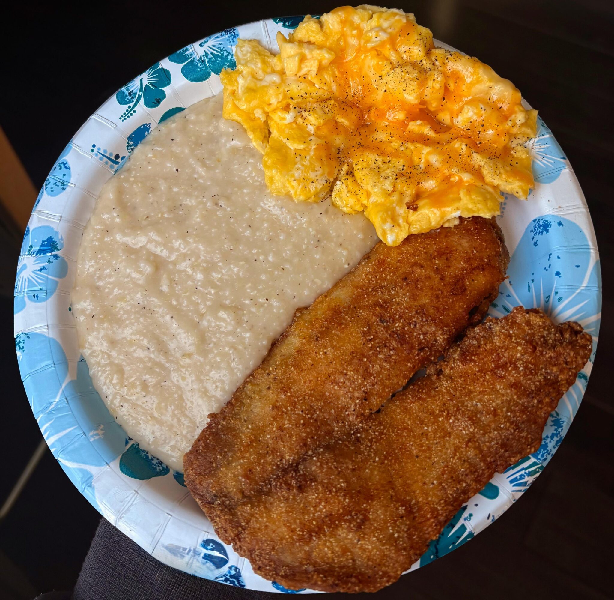 [homemade] I made fried fish, scrambled eggs, & grits for breakfast ...