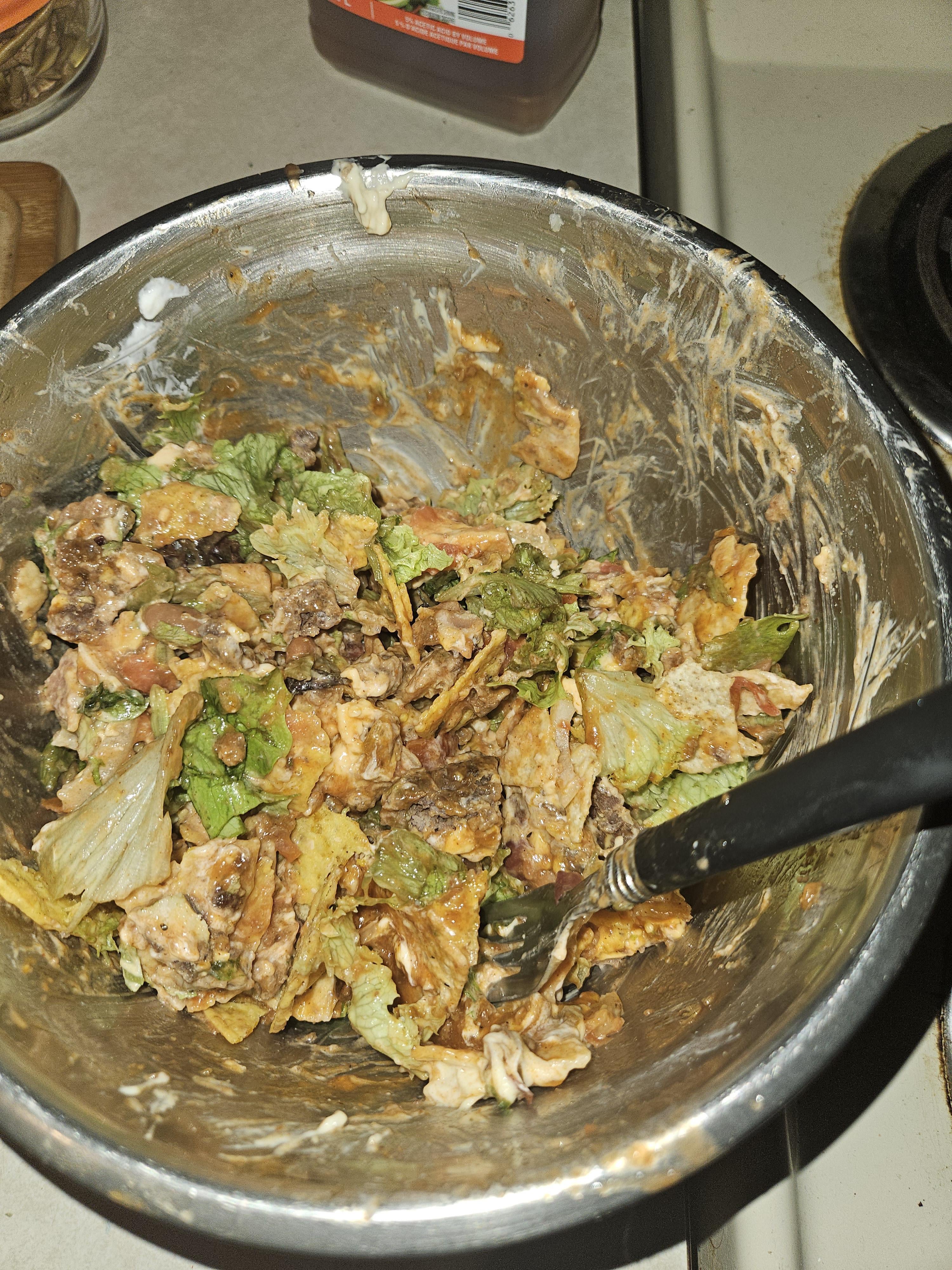 Like four 4 day old wendys burgers, mixed with wendys taco salad, some ...