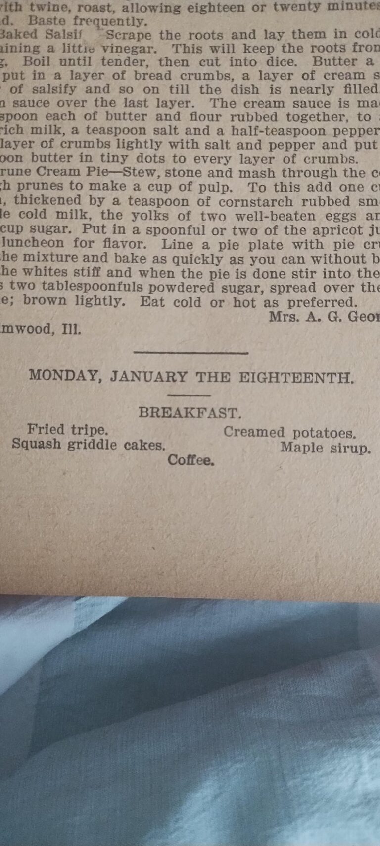Menu for January 18th 1896 - Dining and Cooking