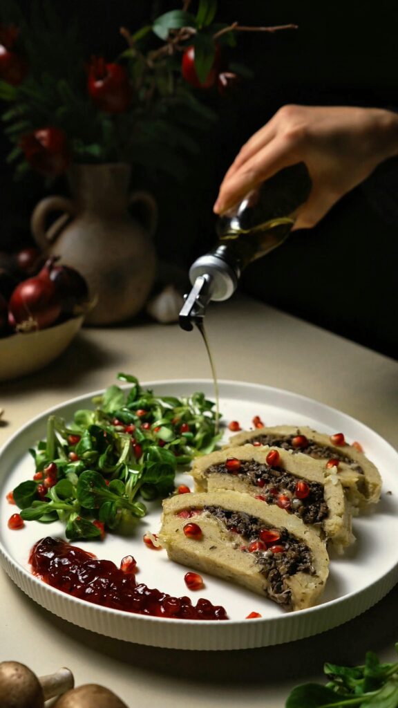 Royal potato mushroom roll. Served with lamb's lettuce, pomegranate ...