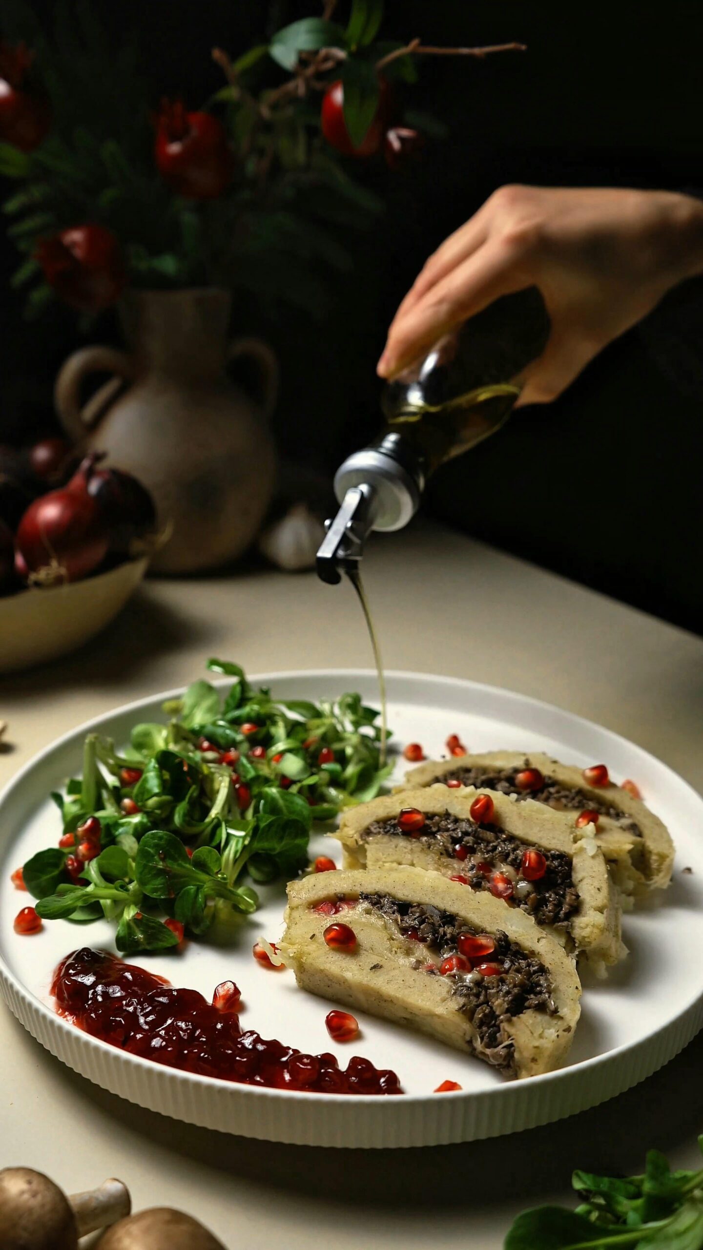 Royal potato mushroom roll. Served with lamb's lettuce, pomegranate ...