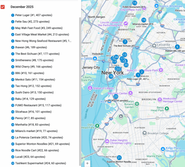 I plotted r/FoodNYC's most upvoted restaurants of December on a custom ...