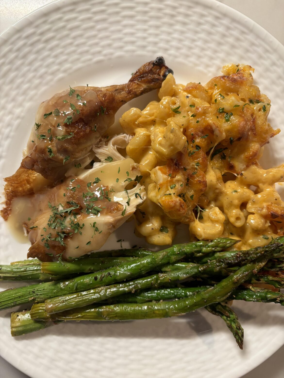 Rotisserie chicken with gravy, homemade mac and cheese, and oven ...